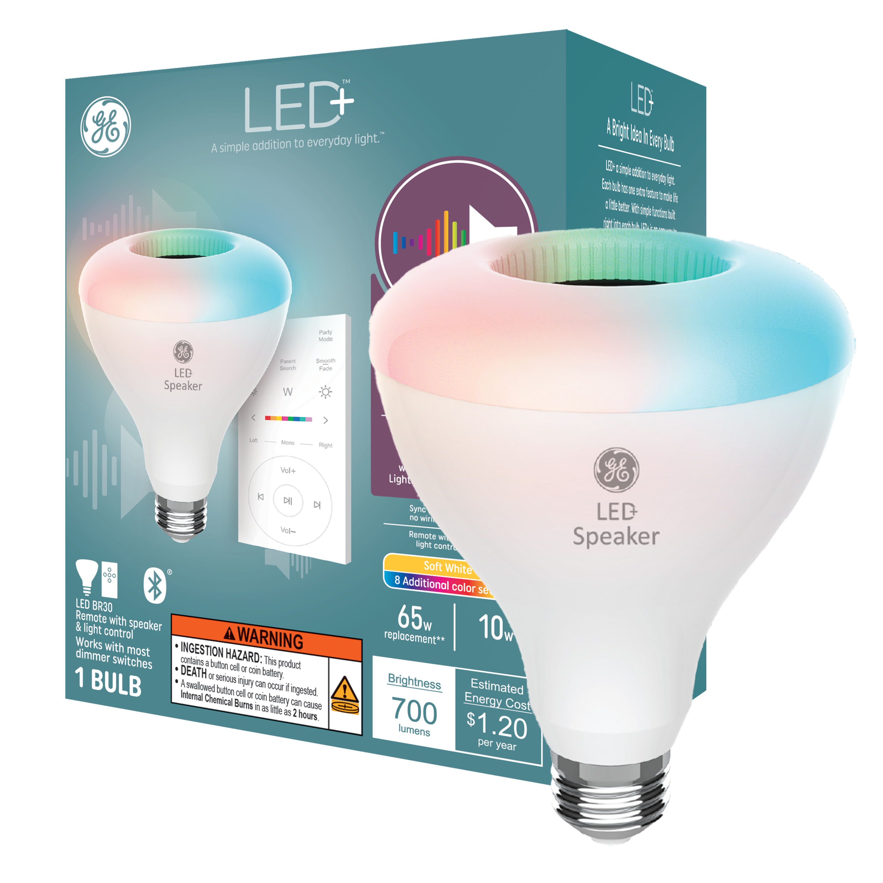 GE LED+ Bluetooth Speaker BR30 LED Light Bulb, Color Changing Light Bu