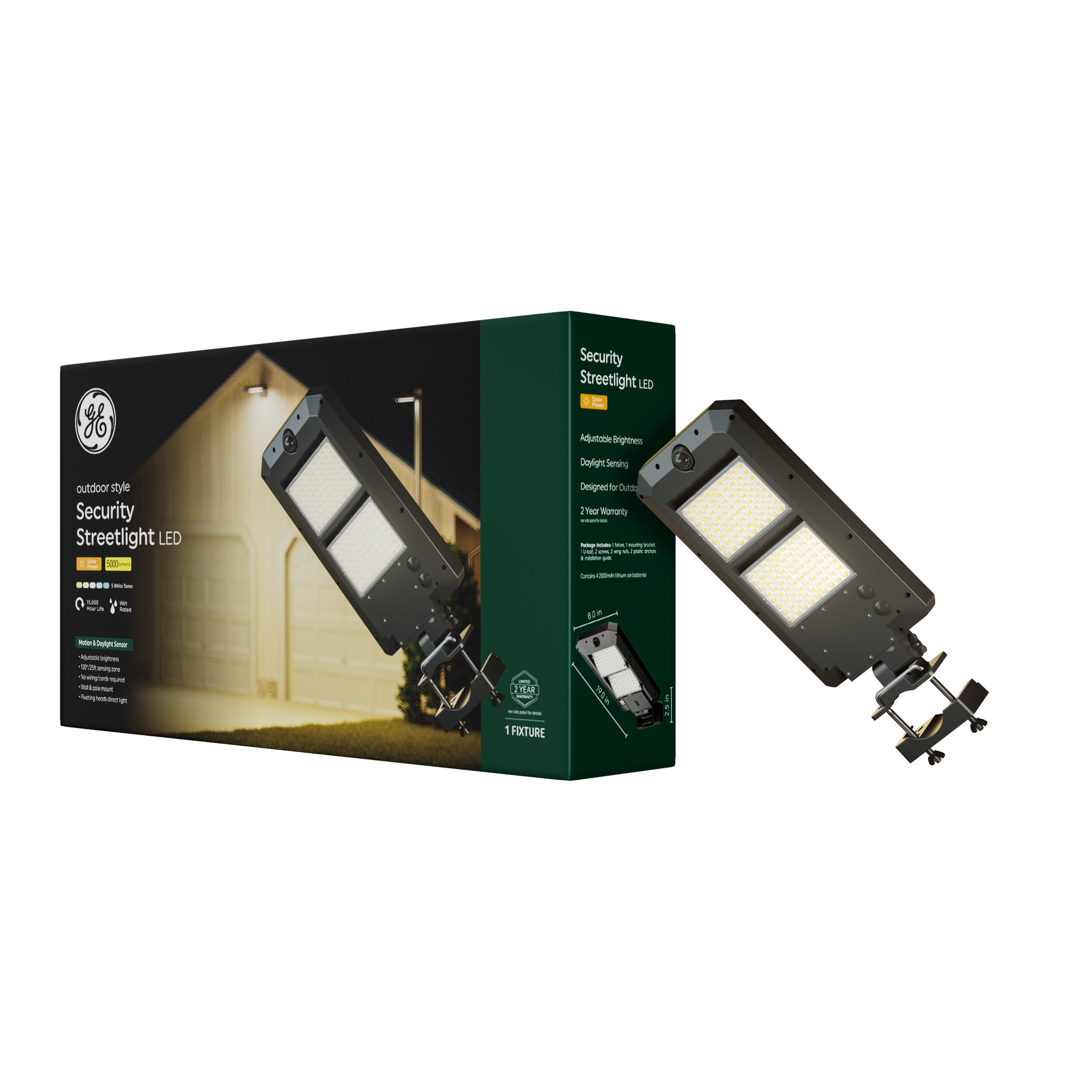 GE Outdoor Security Solar Streetlight, Adjustable Lights, Dusk to Dawn