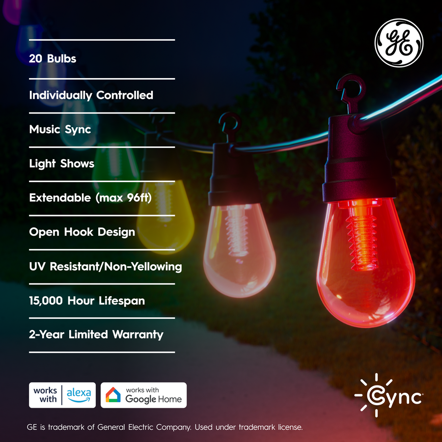 GE Cync Dynamic Effects Smart Cafe Lights, Color Changing Patio String
