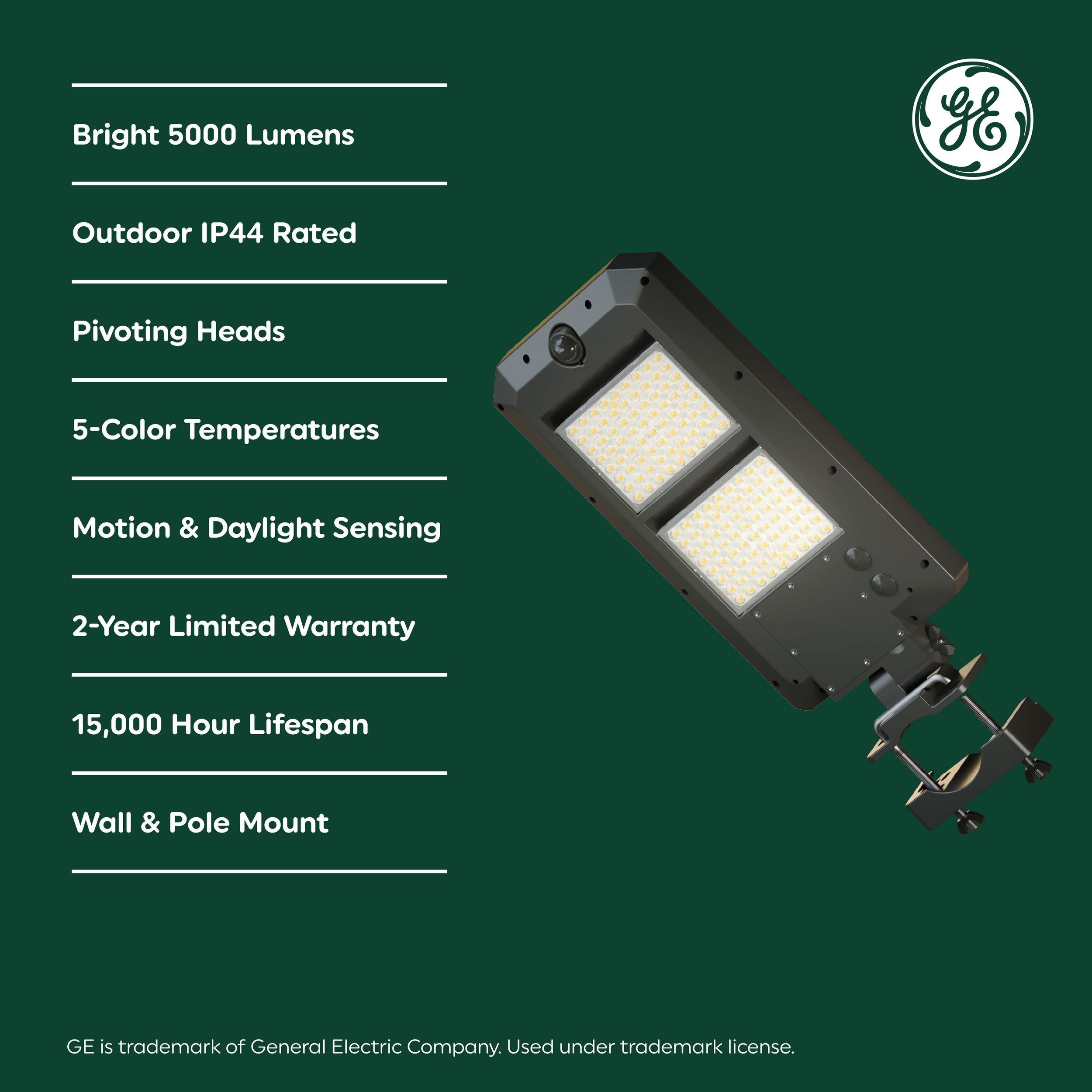 GE Outdoor Security Solar Streetlight, Adjustable Lights, Dusk to Dawn