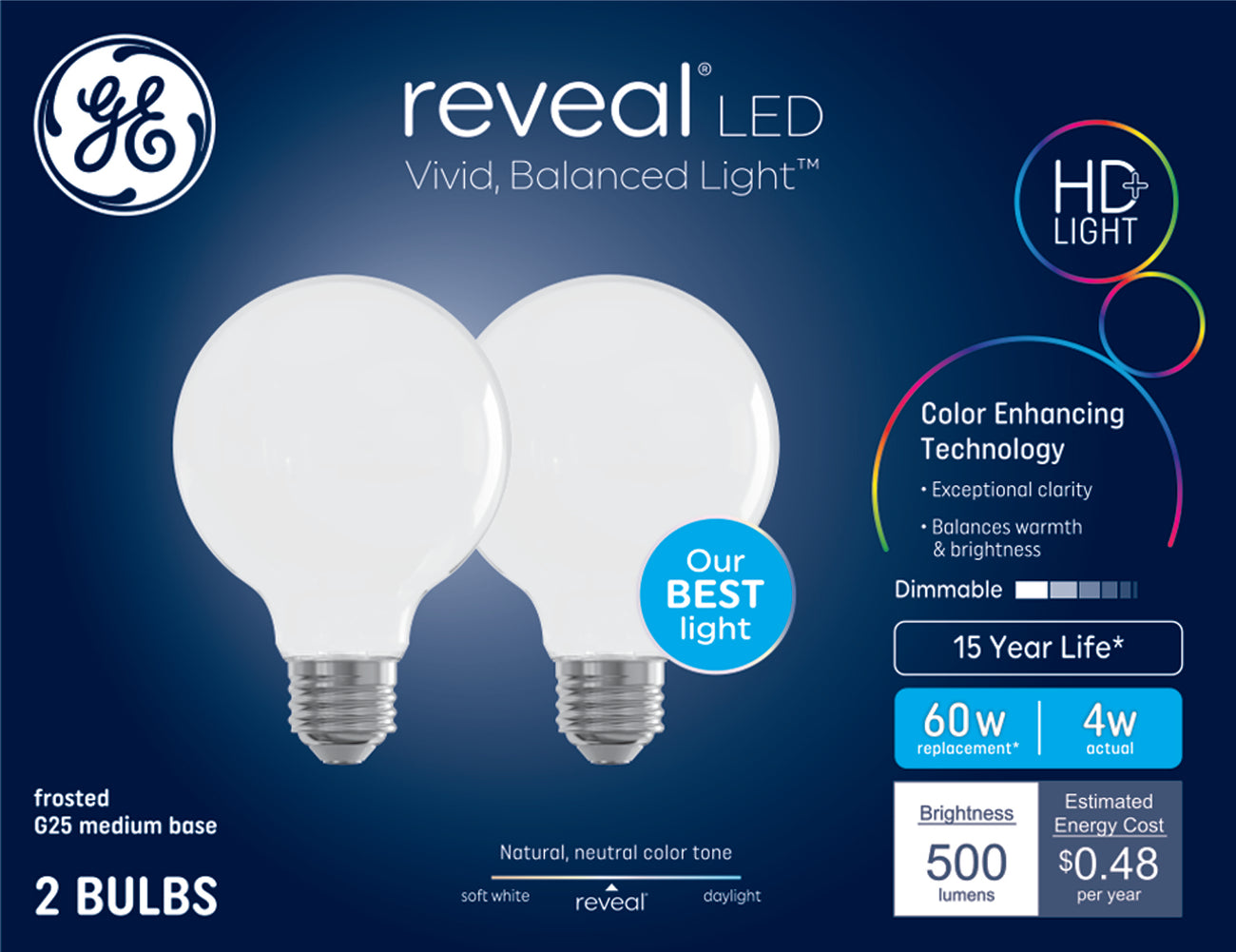 GE Reveal HD+ LED Reveal Globe Light Bulbs